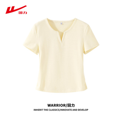 回力鹅黄小v领短袖t恤女士
