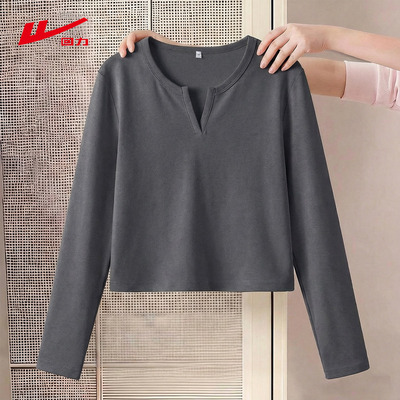 ZH回力灰色长袖t恤女2026新款春秋季修身显瘦百搭小V领上衣服女