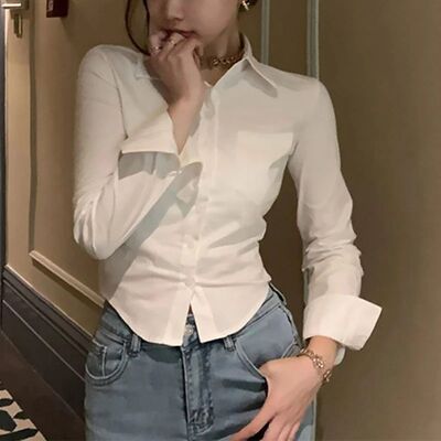 Korean White Office Women Chiffon Shirt Pocket Button Lapel