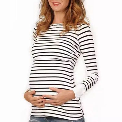 Long Sleeve O-Neck Maternity Cotton Nursing Tees Summer Stri