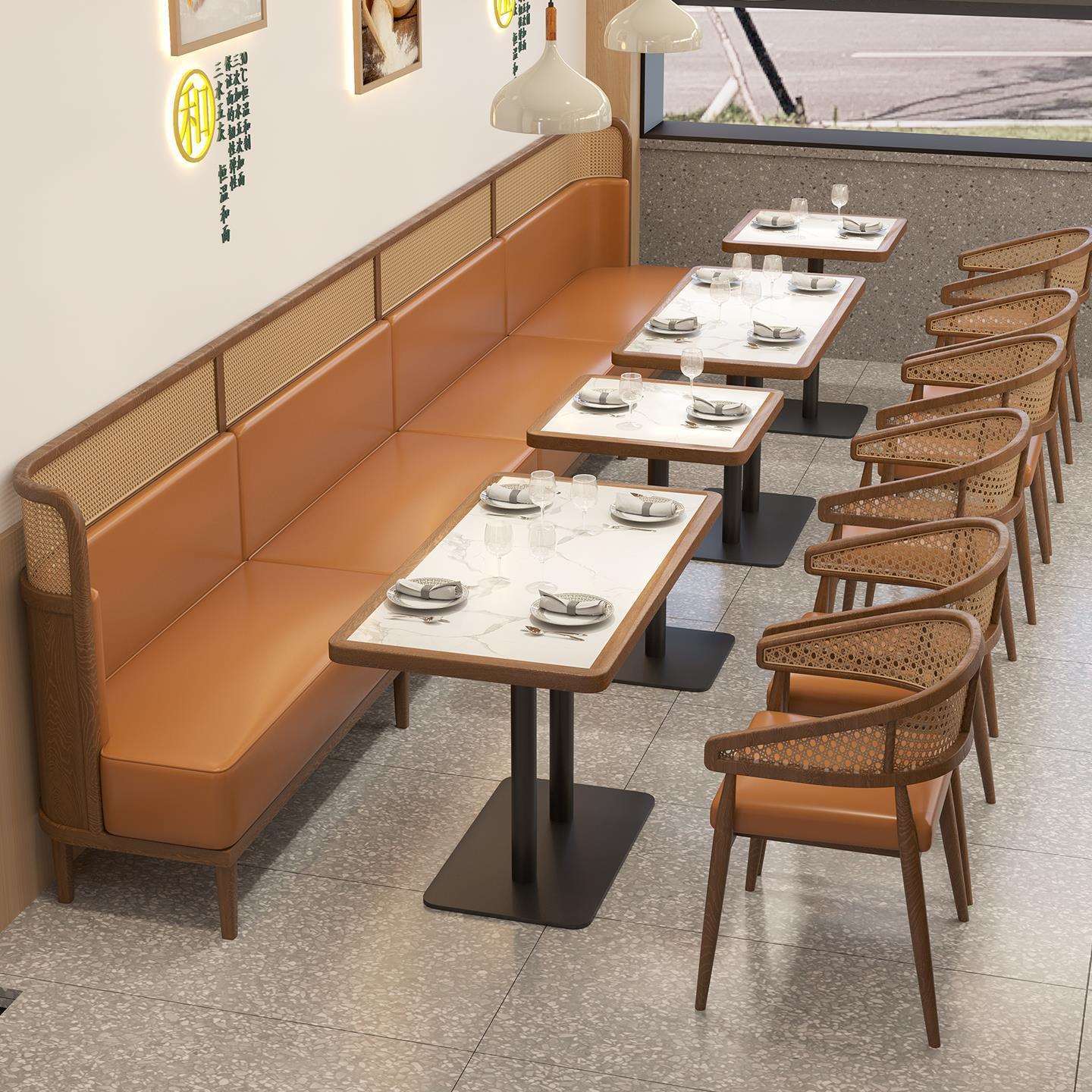 藤编卡座沙发餐厅桌椅组合东南亚风饭店火锅店餐饮家具商用外贸