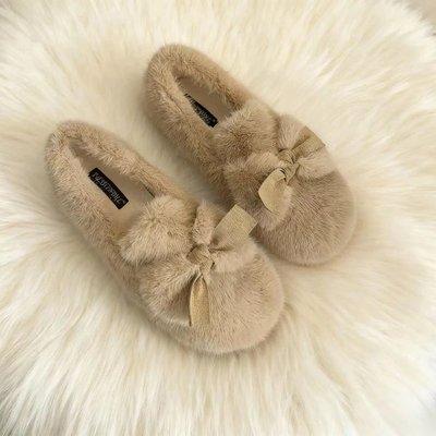 蝴蝶结仙女风厚底毛毛鞋女冬外穿保暖加绒时尚一脚蹬豆豆鞋棉鞋