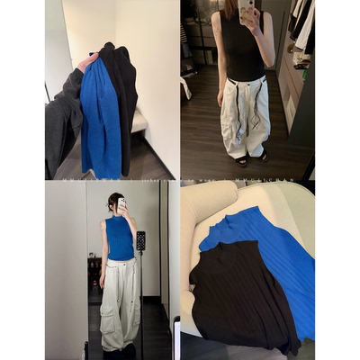 MMUIICHAN 小马宝蓝 坑条纹无袖针织半高领背心吊带 宝蓝色超显白