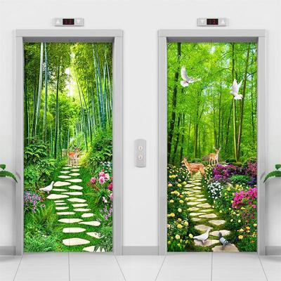 防水自粘翻新电梯门贴竹子竹林麋鹿绿植绿色自然风景花卉贴纸贴画