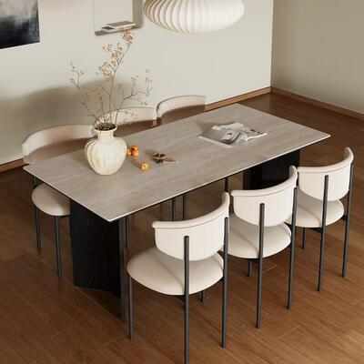 洞简石岩板代餐桌长方形实意式极简小户型家用桌RXJ子餐木椅餐厅
