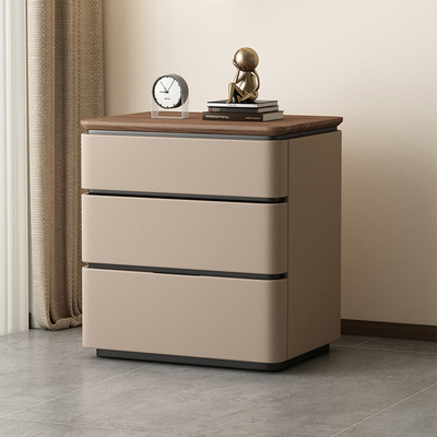 素柏实木床头柜三抽轻奢高级储物柜收纳柜床边柜皮质置物柜三斗柜