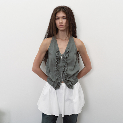 antenna effect 复古夏季立体褶皱木耳花边拉链马甲