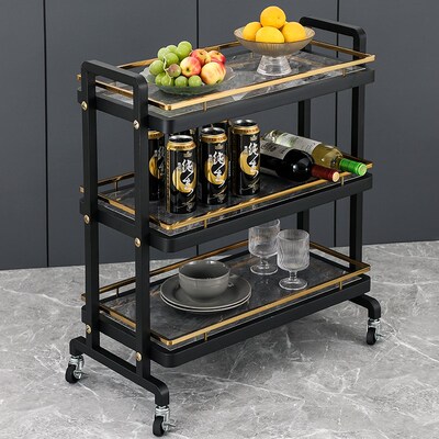 不锈钢国风岩板系列三层火锅菜架车酒店餐桌推车置物架餐车