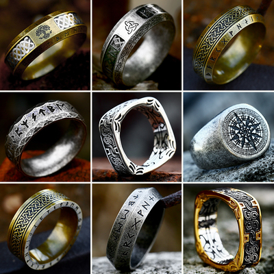 狂饰风新款生命树戒指男潮图腾古金色凯尔特结指环复古维京戒指男