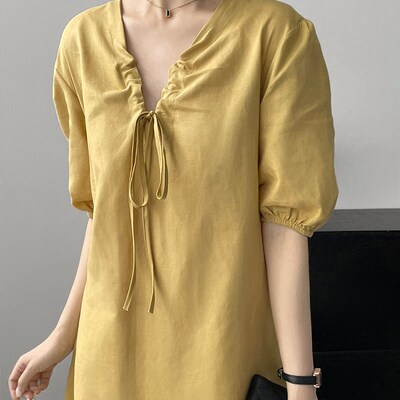 【福利款,不退换】系带棉麻连衣裙女小众设计感宽松长裙女5513