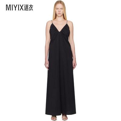 Róhe 女款黑色 Hammered Silk V-Neck Strap 吊带裙 迷衣时尚