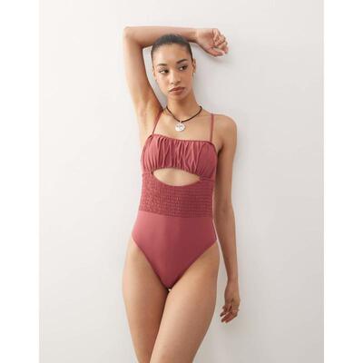 Reclaimed Vintage 女士 连体泳衣 再生复古抽褶束腰剪口粉色泳衣