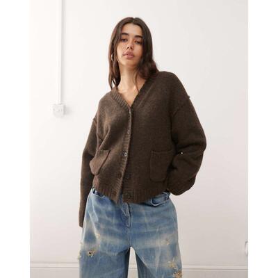 Weekday 女士 开衫 宽松款V领棕色混纺针织
