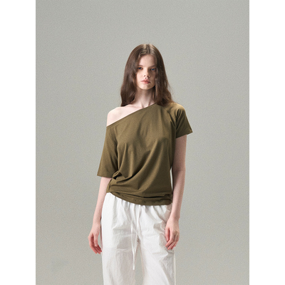 MISS CHANGE 设计师品牌 冰感棉斜肩短袖T恤女宽松显瘦百搭上衣