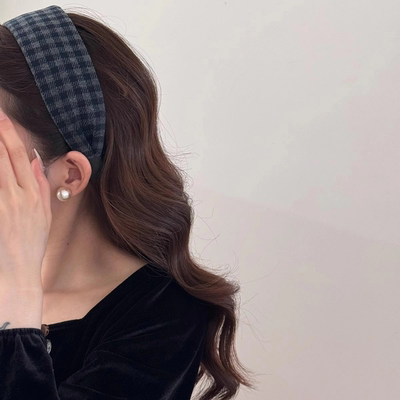 复古咖色格纹发箍女日常外戴