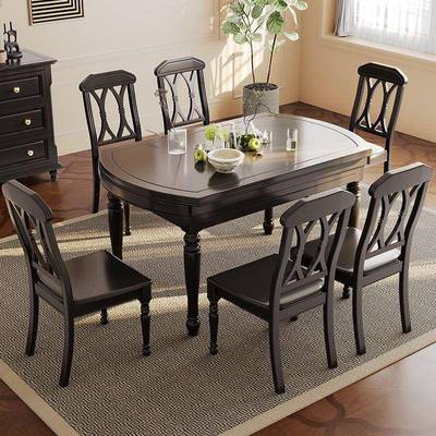 美式乡实木餐桌折叠圆餐桌组合家具家餐厅椅法式村复古可5641伸用