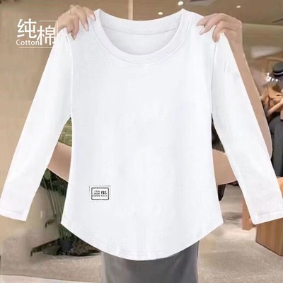 高品质纯棉长袖上衣女设计感纯色贴布TI恤秋季宽松遮肉休闲打底衫