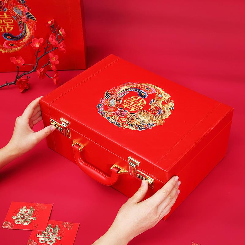 礼金箱彩礼钱盒子彩礼箱红皮箱红色箱子嫁妆箱结婚箱子新娘陪嫁箱