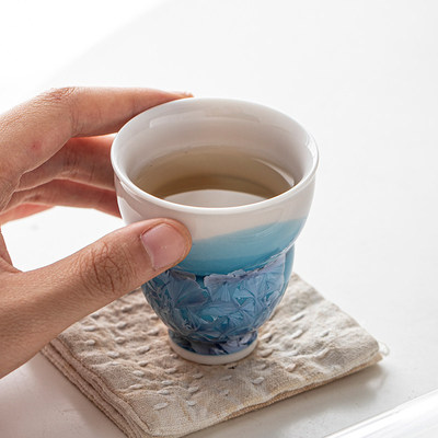 葫芦茶杯结晶釉窑变蓝花主人杯子