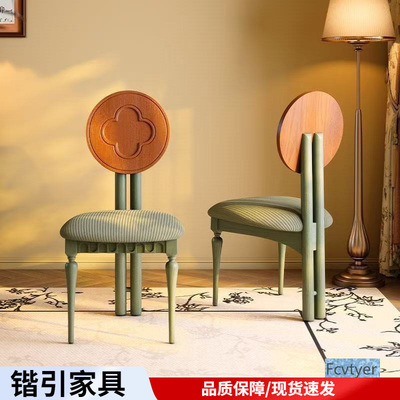 锴引复古餐椅法式中实木餐椅靠背椅小户型白蜡木家用餐厅古风布客