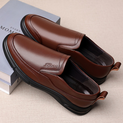 春秋不用系带棕h色皮鞋男土真皮老爸休闲鞋子圆头无鞋带中老年男