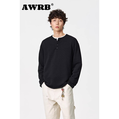 AWRB美式复古亨利领套头长袖打底男纯色宽松情侣休闲T恤上衣
