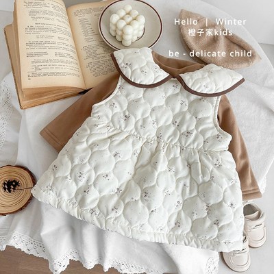 女宝宝连体裙冬季2025新款洋气小女孩碎花夹棉加厚背心裙保暖裙子