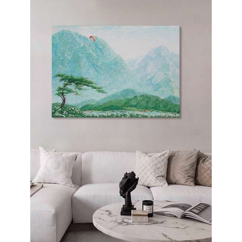 新中式迎松绘饰油画招财松树装YKP画山水客风景肌理画玄手关客厅
