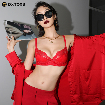 红色大胸性感防下垂文胸套装秋冬