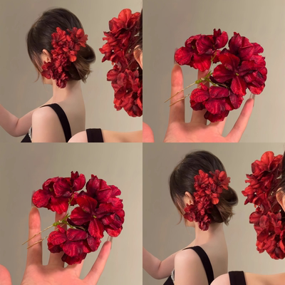 手作红色花朵新中式新娘发钗女2025新款古风发簪旗袍盘发新娘头花