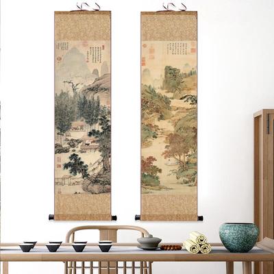 无边卷轴挂画丝绸装饰字画仿古明代字画听琴品茶图唐伯虎文征明字