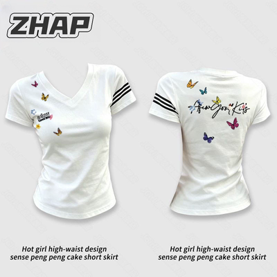 ZHAPV领三杠短袖T恤女白色遮肉