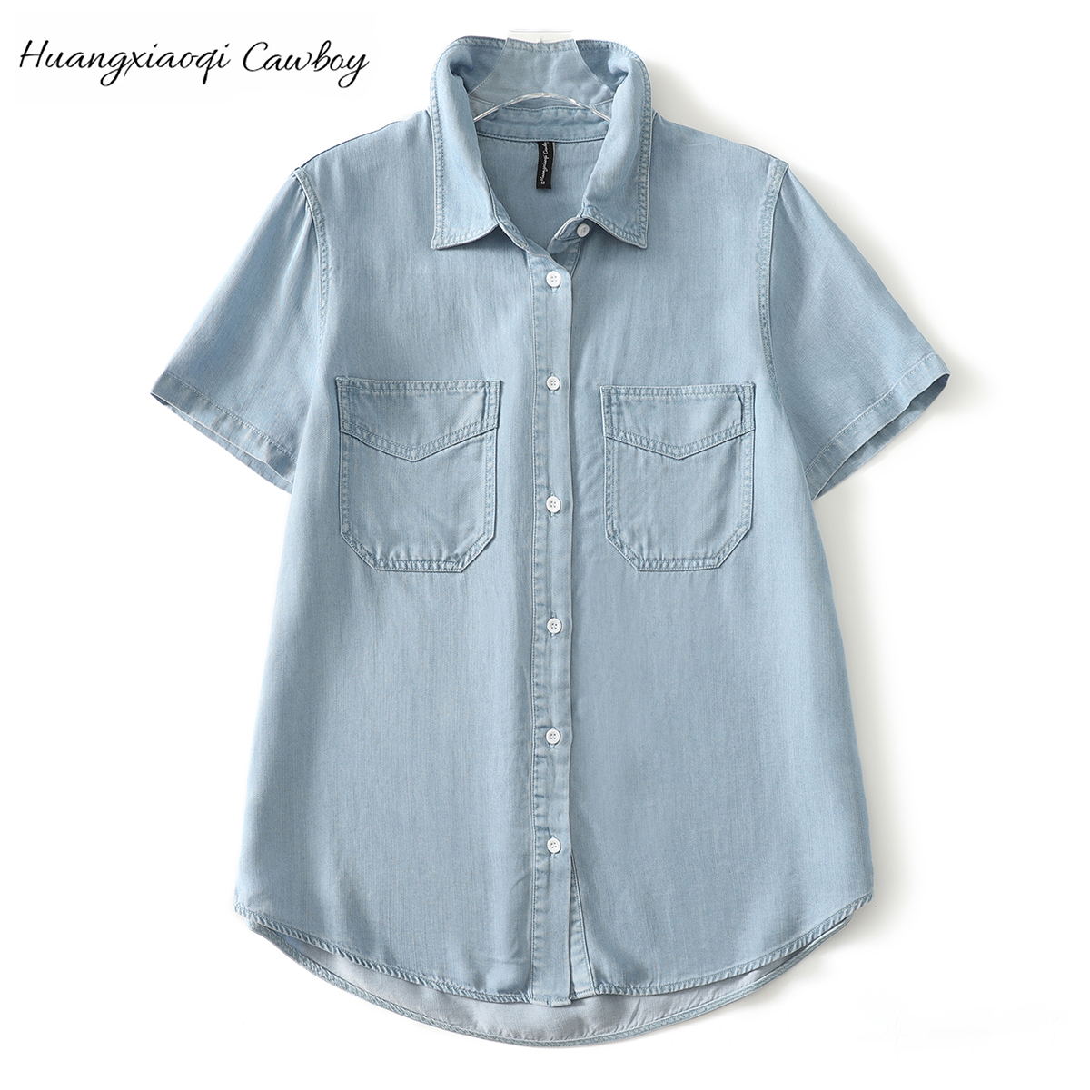 Huangxiaoqi Cowboy新款时尚休闲百搭显瘦翻领短袖牛仔衬衫女上衣