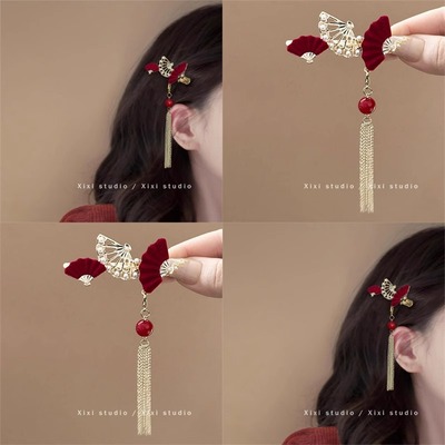 复古植绒红扇子发夹新中式流苏侧边刘海夹前额碎发卡国风新年发饰