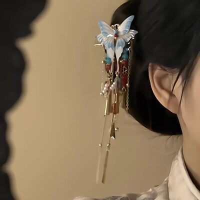 新中式红蓝撞色蝴蝶流苏发夹