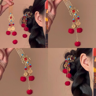 红色毛球国风流苏发簪新中式盘发步摇新年发钗发饰