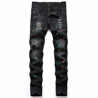 极速2022 High Quality rMen Casual Black Jeans Paint Slim Str