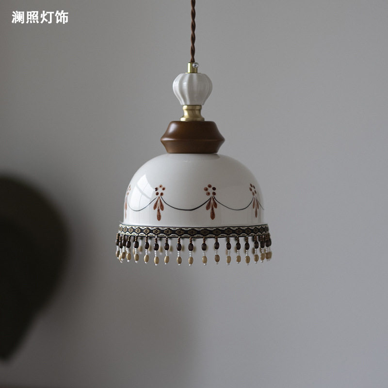 手绘陶瓷吊灯中古风法式复古卧室床头餐厅玄关吧台过道创意流苏灯