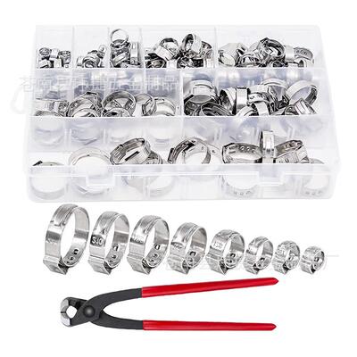 150pcs盒装304不锈钢软卡箍管箍压合软管夹组合套件 单耳无极喉箍