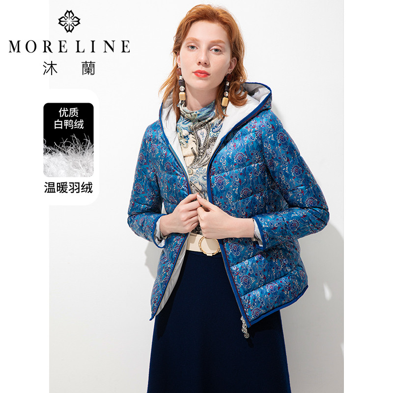 MORELINE商场同款羽绒服女冬装古典艺术印花连帽外套白鸭绒