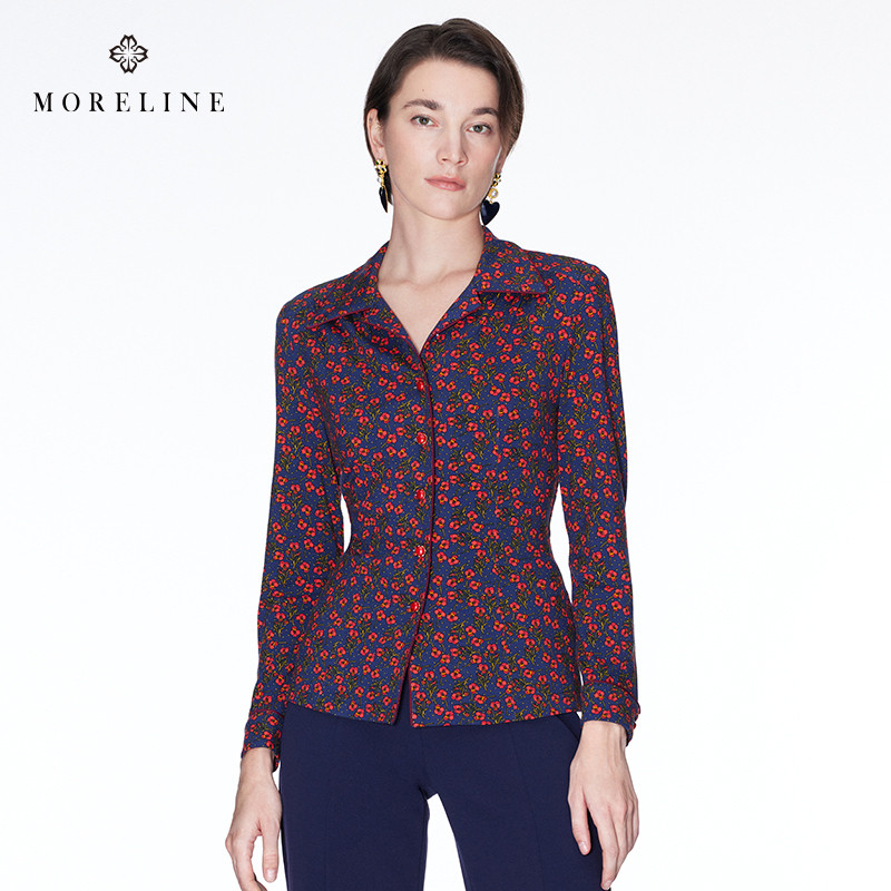 MORELINE商场同款高级感优雅碎花衬衫女秋装小翻领修身长袖衬衣