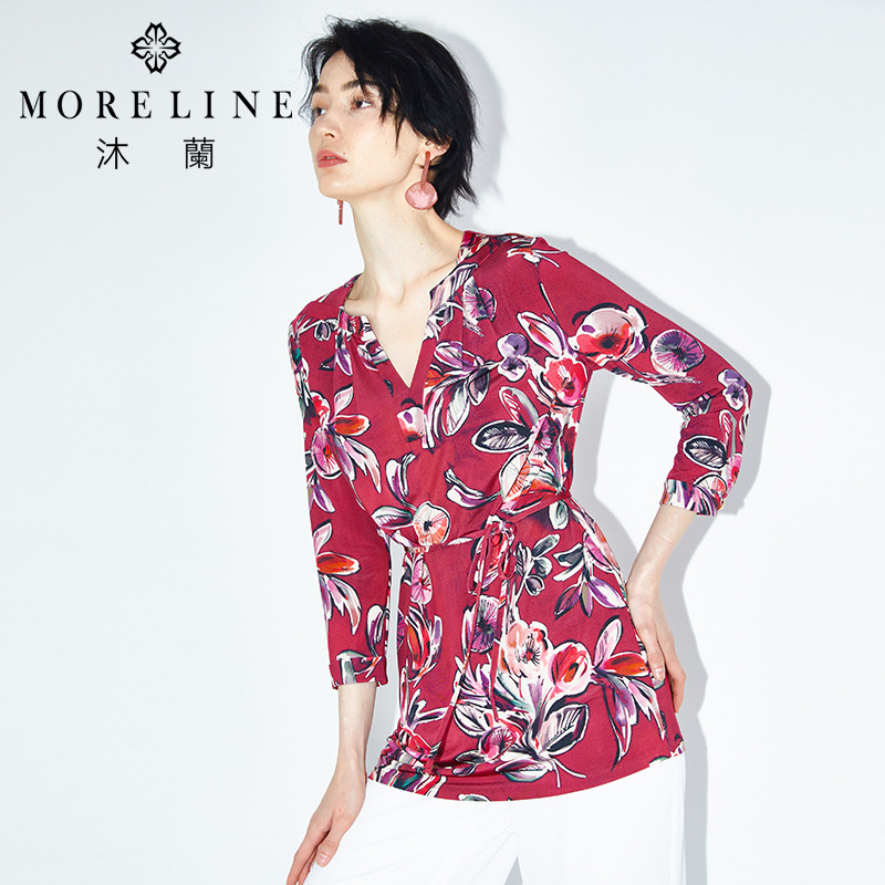 MORELINE商场同款春季修身印花长袖衬衫女百搭中长款针织衬衫