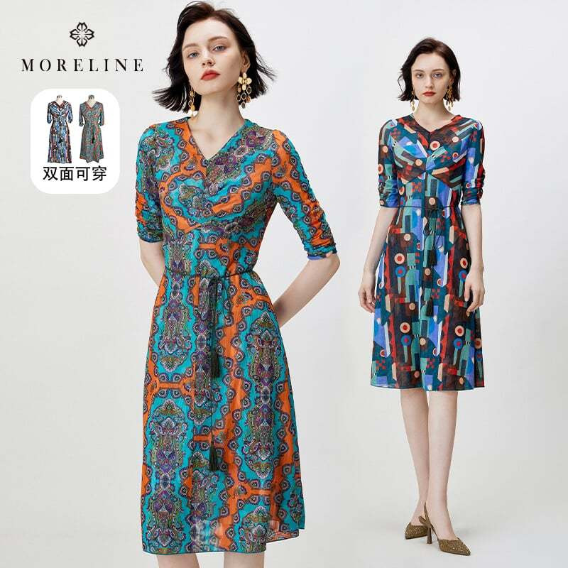 MORELINE沐兰设计感印花连衣裙系带修身双面裙中长款