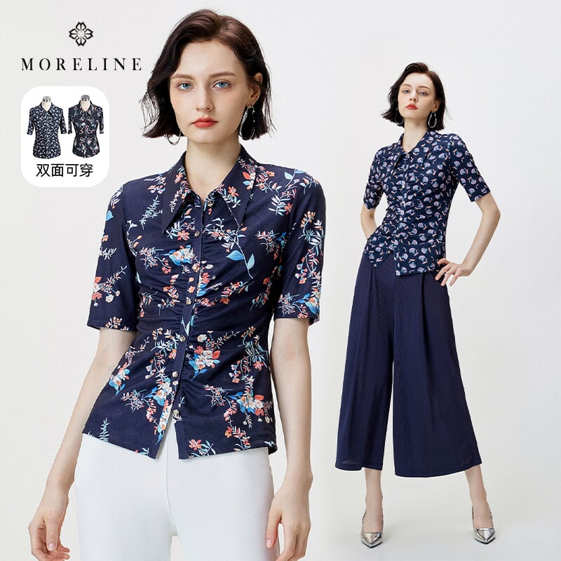 MORELINE沐兰设计感双面穿印花衬衫女捏褶修身短袖衬衣