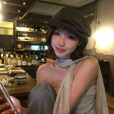 【猫仔kitten】圆顶条纹复古夏季贝雷帽女士帽子休闲甜美可爱韩版