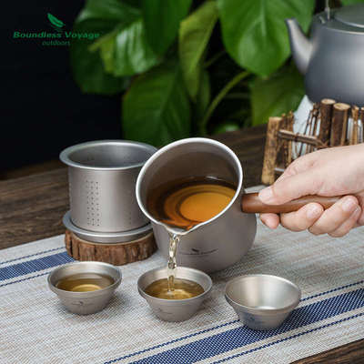 必唯纯钛户外茶具套装公道杯380ml单层可煮茶露营泡茶器便携茶壶