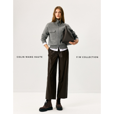 COLINWANG-冬日诗行|奢牌质感绵羊皮复古休闲弹力松紧腰九分皮裤