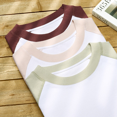 重磅纯棉300g插肩袖t恤日系少年感撞色圆领上衣宽松休闲短袖男夏