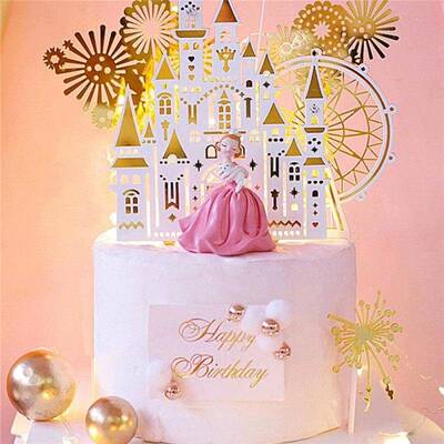 白金城堡摩天轮礼花压克力生日蛋糕装饰插牌插件烘焙甜品台装扮