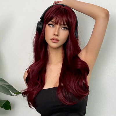 New wine red synthetic wig with bangs big waves long curly